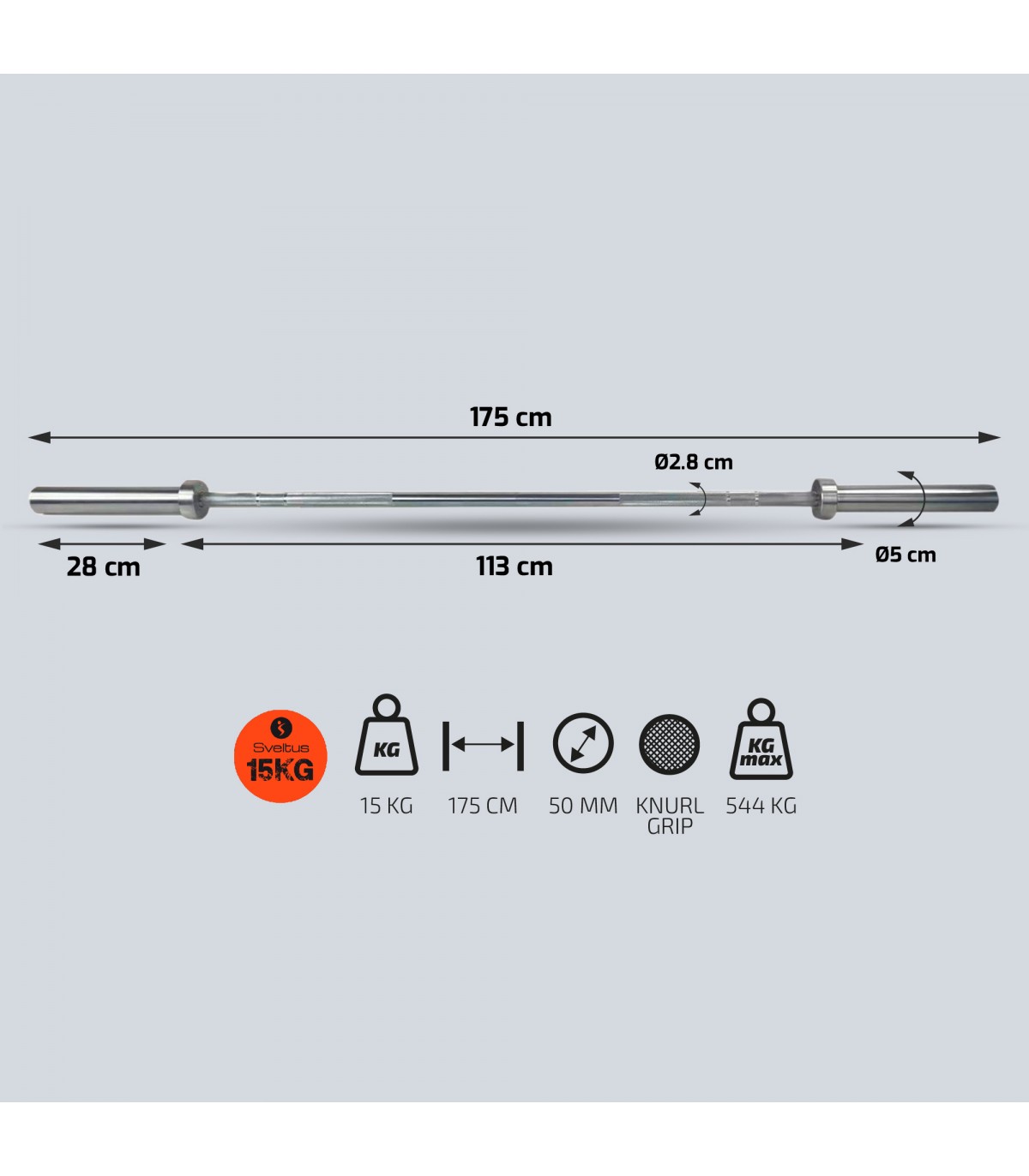 Short bar competition 15 kg - Olympic bar 175 cm for confined spaces